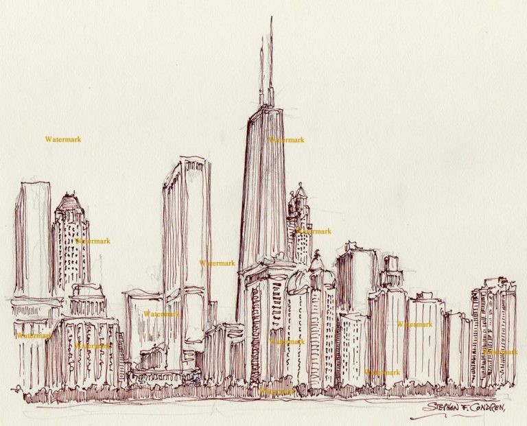 Chicago skyline #051Z Pen & Ink Drawing Of Streeterville