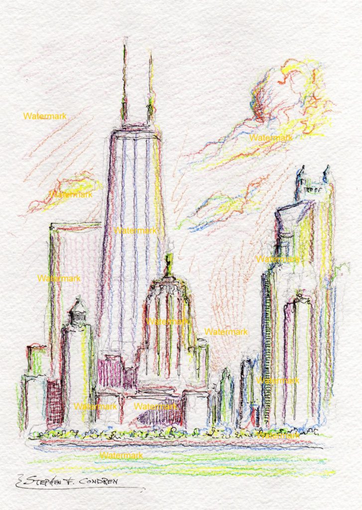 Chicago skyline #085Z art of color pencil drawing & John Hancock Center.