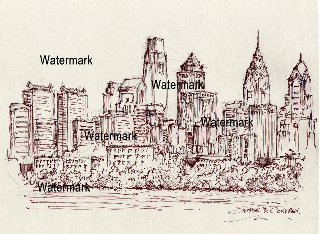 Philadelphia skyline #032Z pen & ink drawing of downtown #789