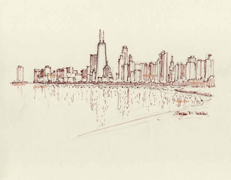 Chicago skyline #056Z Brown Pen & Ink Drawing on Lake Shore Drive